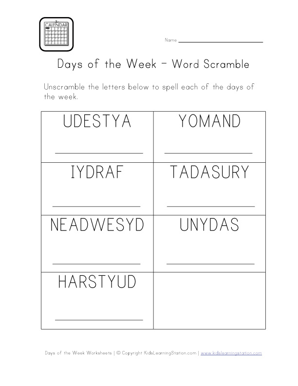 Days of the Week Word Scramble
