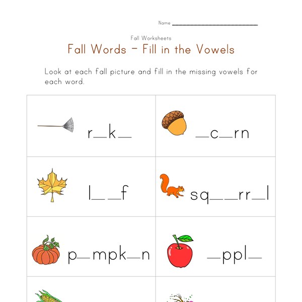 Fall Words Worksheet for Kids - Missing Vowels | All Kids Network