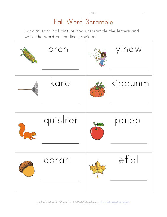 Fall Word Scramble Printable Worksheets