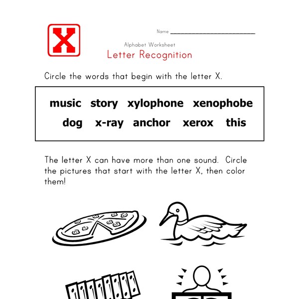 Letter X Word List With Illustrations Printable Poster