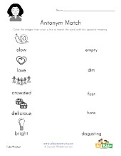 Antonym Worksheet - small, bright, heavy, hot, loud and fast | All Kids ...