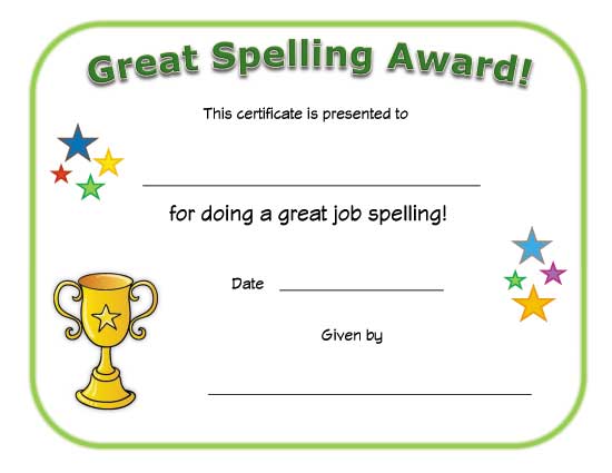 Great Spelling Award Certificate | All Kids Network