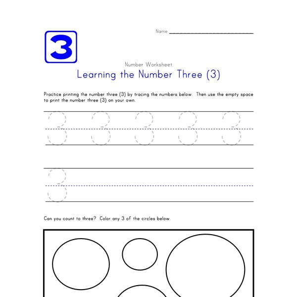 Traceable Number Three Page | Preschool Number Pages | All Kids Network