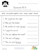 Synonym Worksheet - hurt, created, awful, bright, sure, narrated and ...