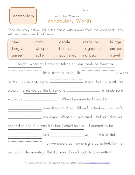Fill In The Blanks Vocabulary Worksheet 1 All Kids Network