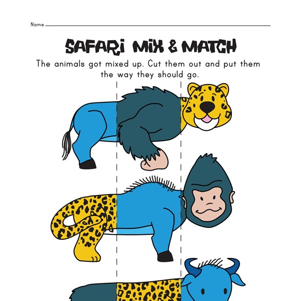 Safari Animals Mix and Match Worksheet | All Kids Network