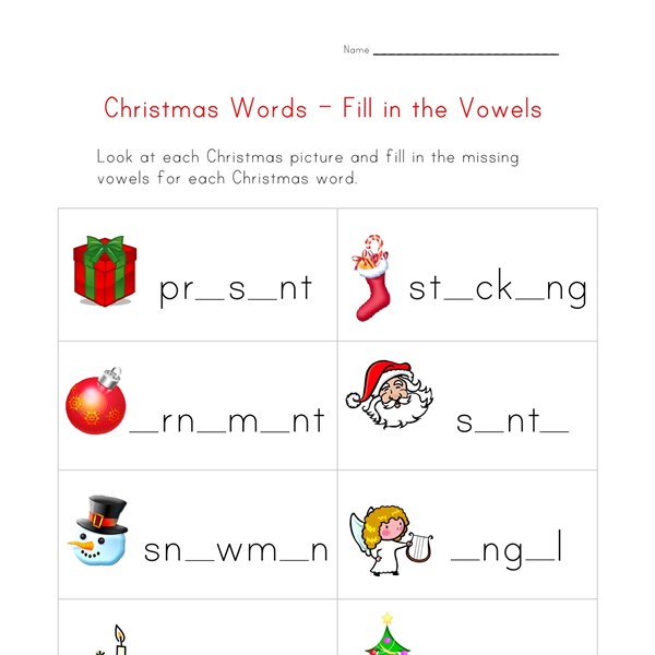 Christmas Word Worksheet for Kids - Missing Vowels | All Kids Network