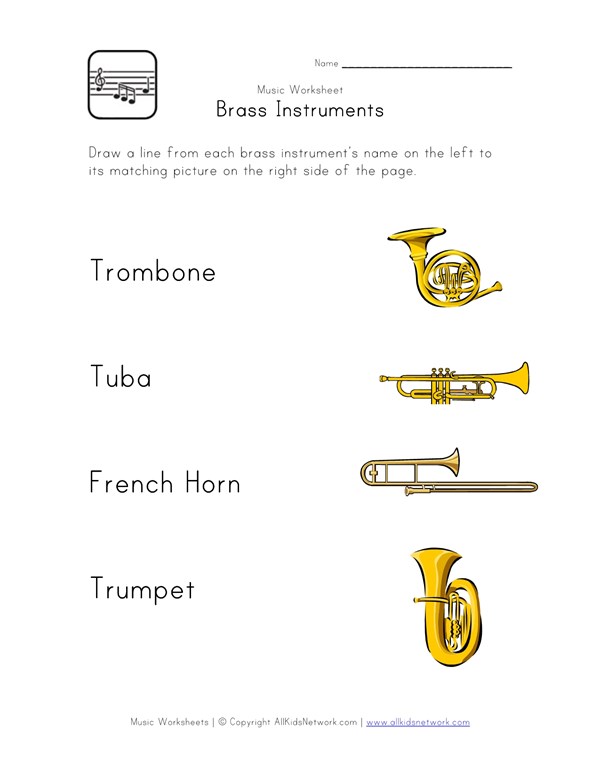 brass instruments worksheet | Brass instruments, Music worksheets, Kids ...