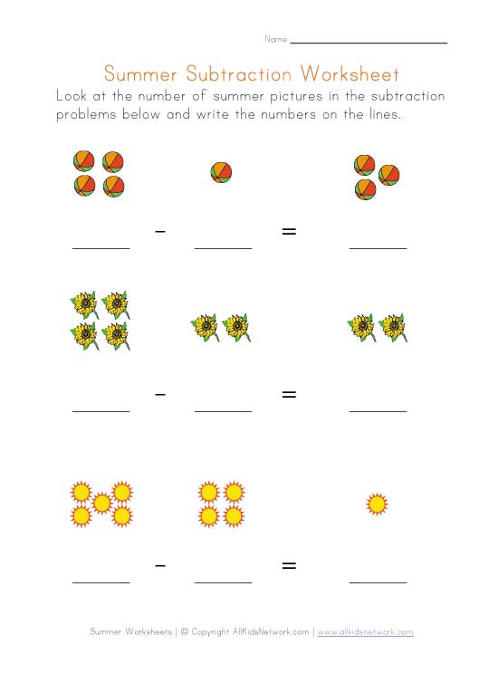 Summer Subtraction Worksheets