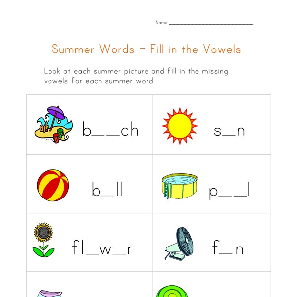 Printable Summer Worksheet - Missing Vowels | All Kids Network